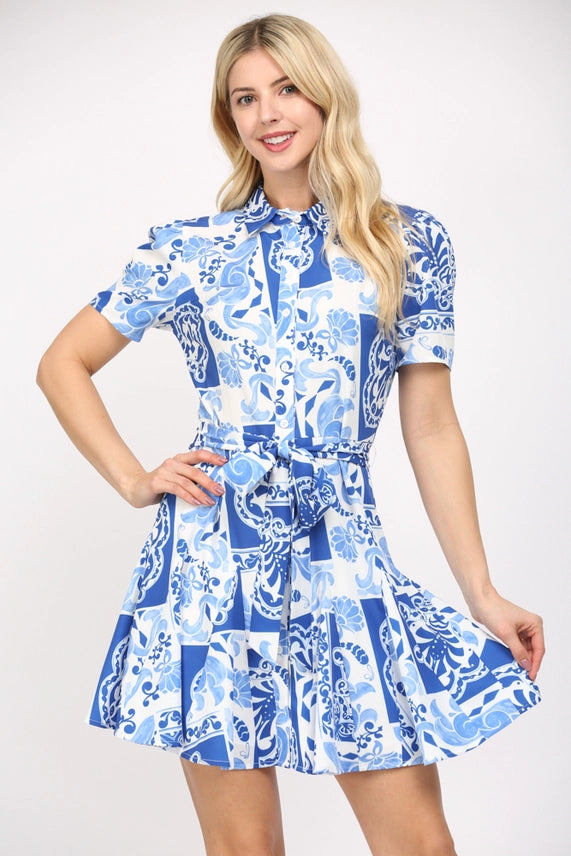 Floral Blue & White Mini Dress – Macy Gray Boutique